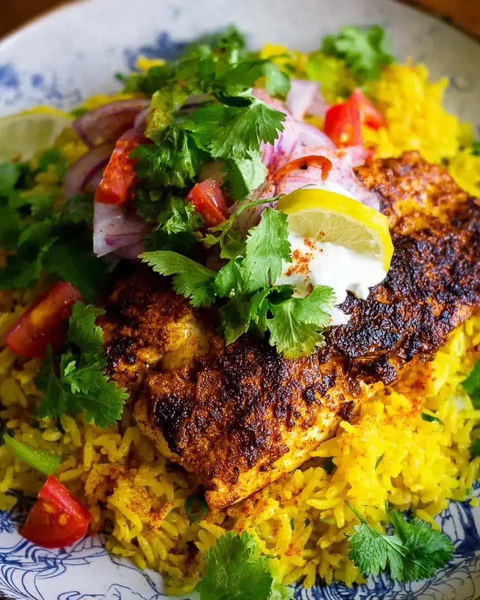 masala baked fish with turmeric rice